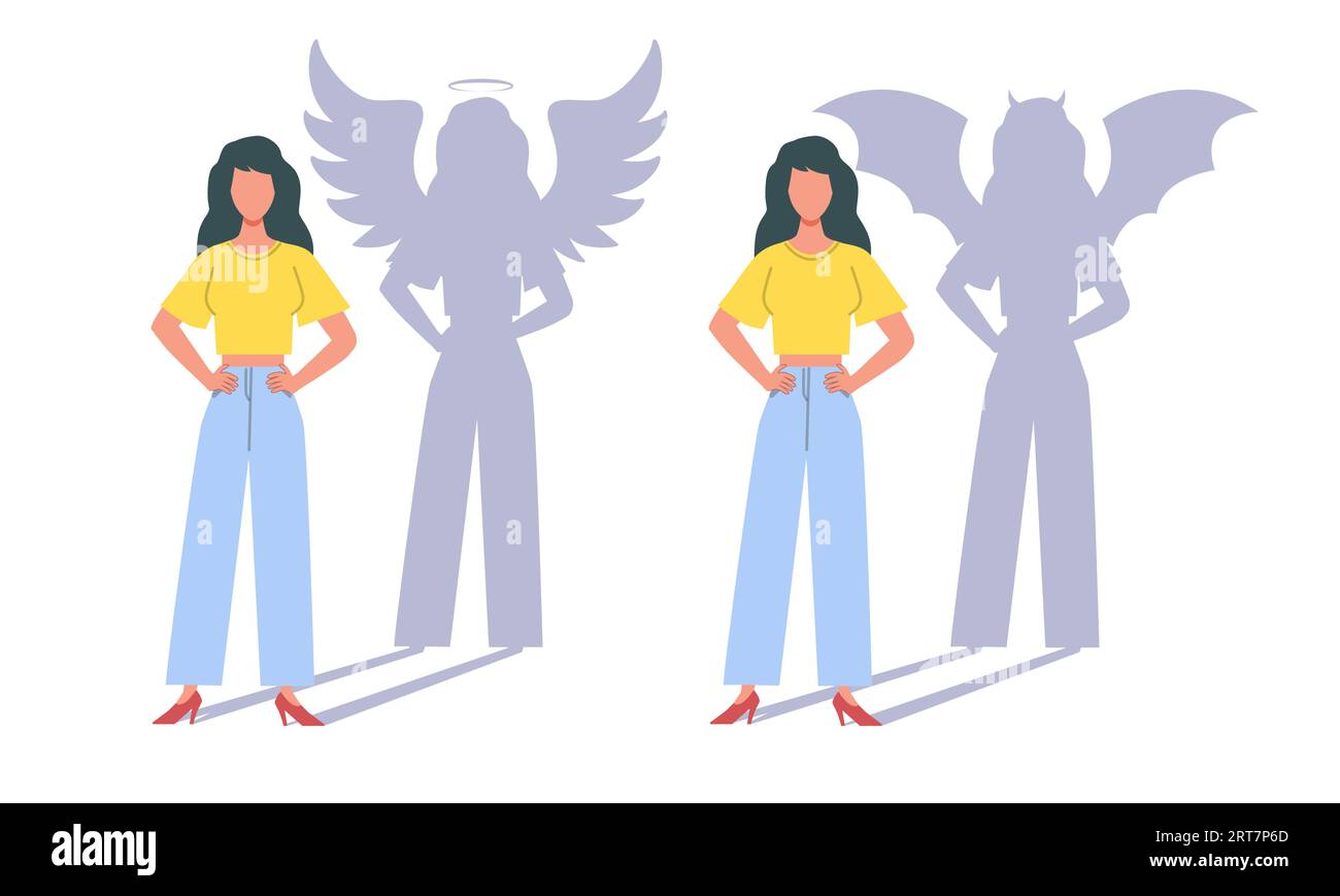 Woman with shadow of an angel and of devil. Female character heaven and ...