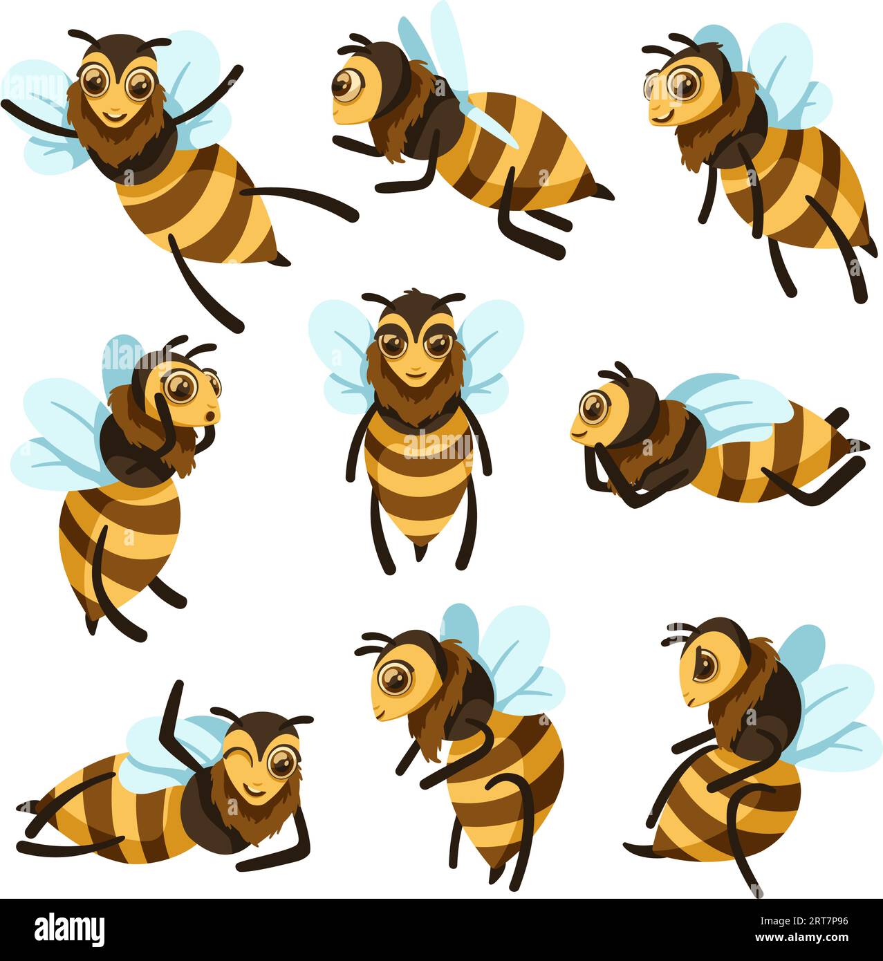 Cartoon bees. Cute bee character in different poses, flying honey bee ...
