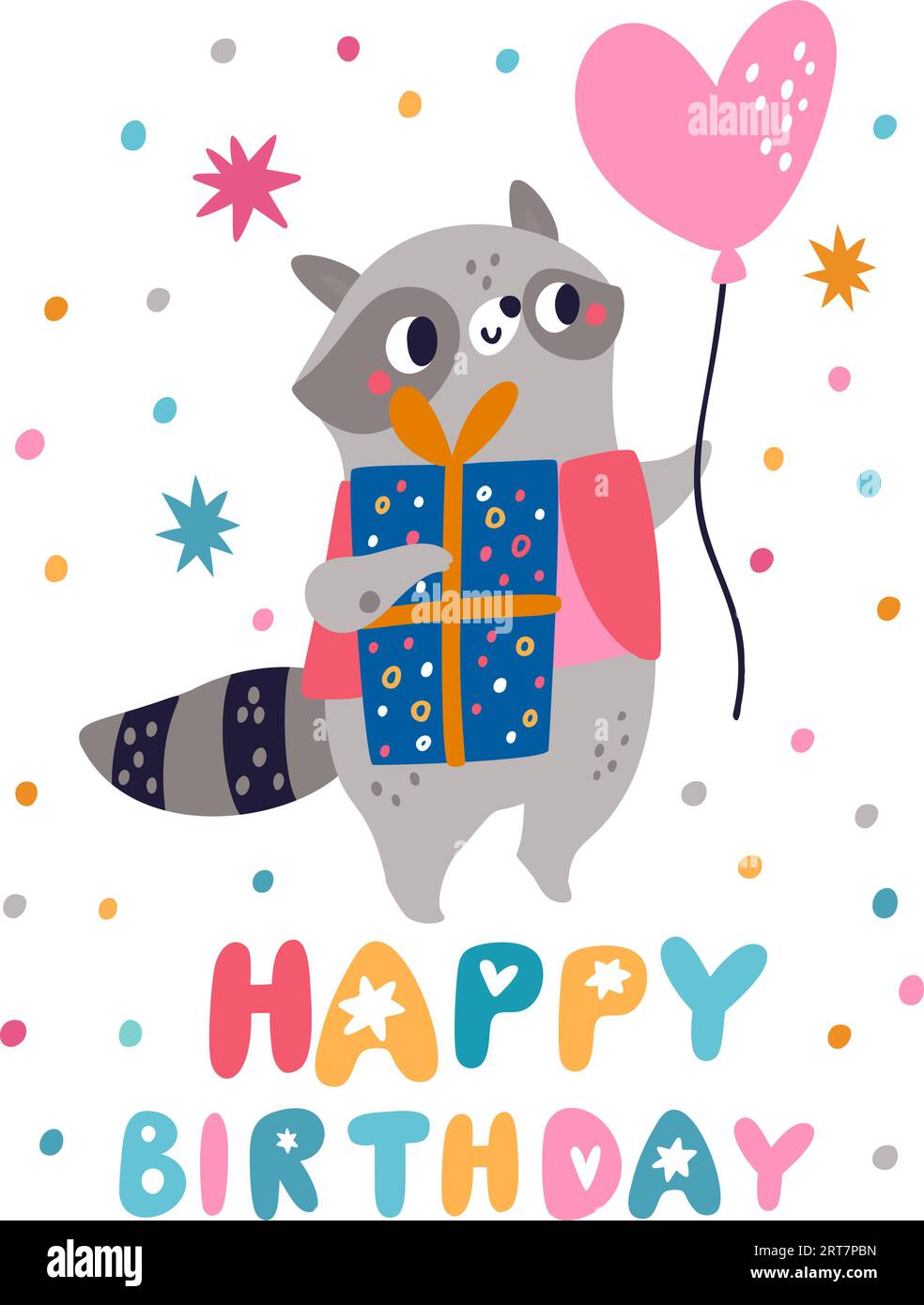 Funny raccoon. Birthday greeting card. Cartoon animal with present box ...