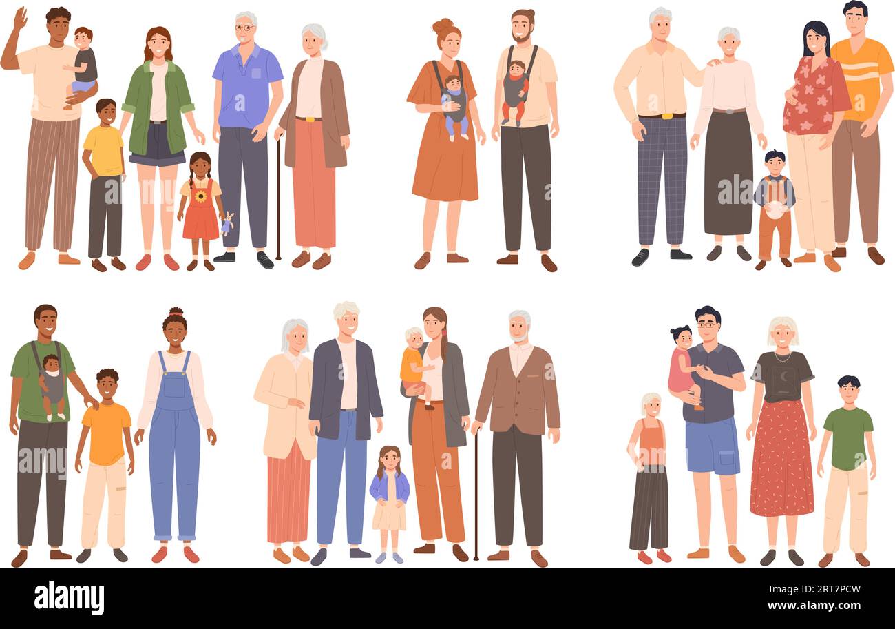 Cartoon family. Couples of parents with happy kids and grandparents, full family portrait vector ...
