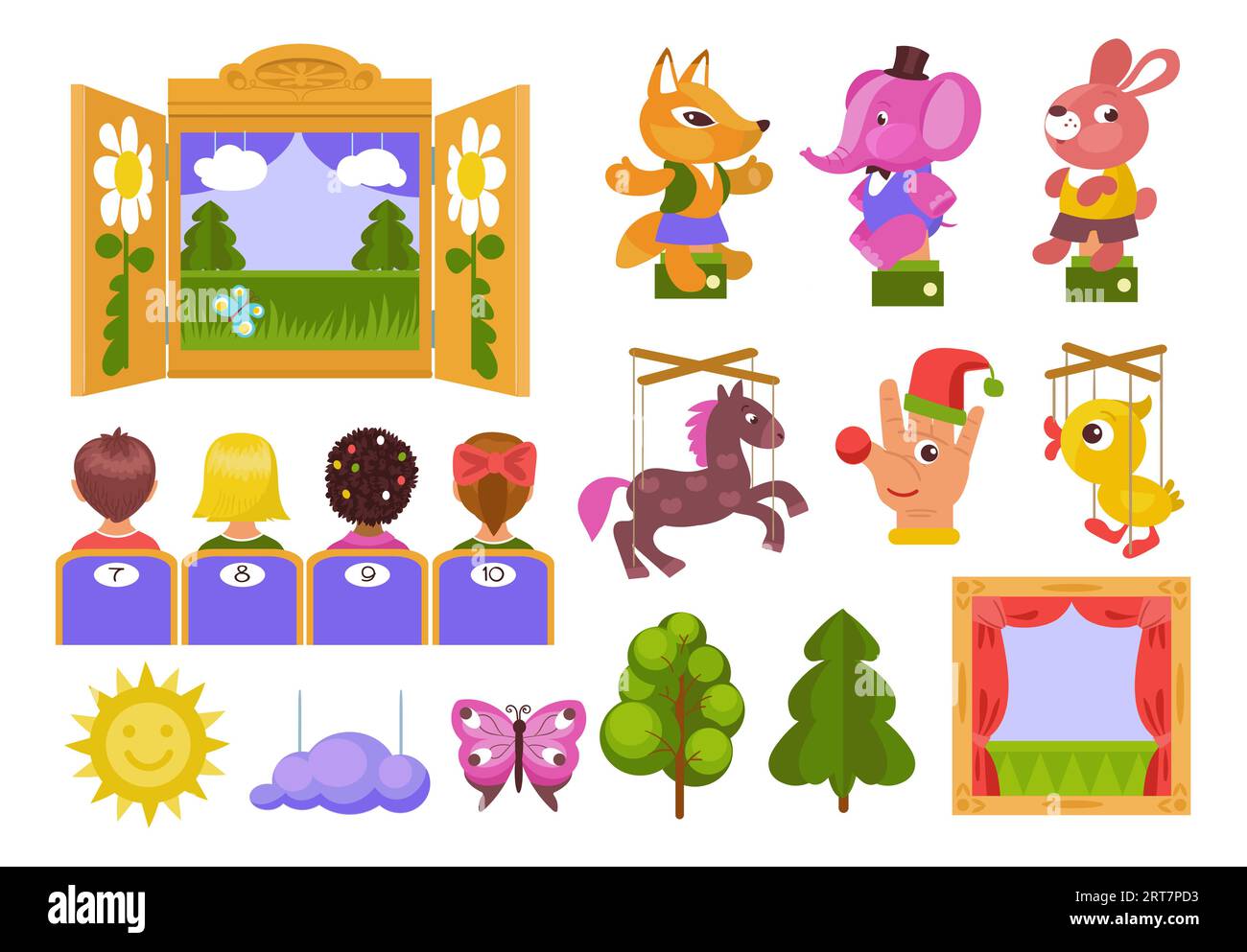 Puppet kids theater. Children watching show. Stage with curtains and ...