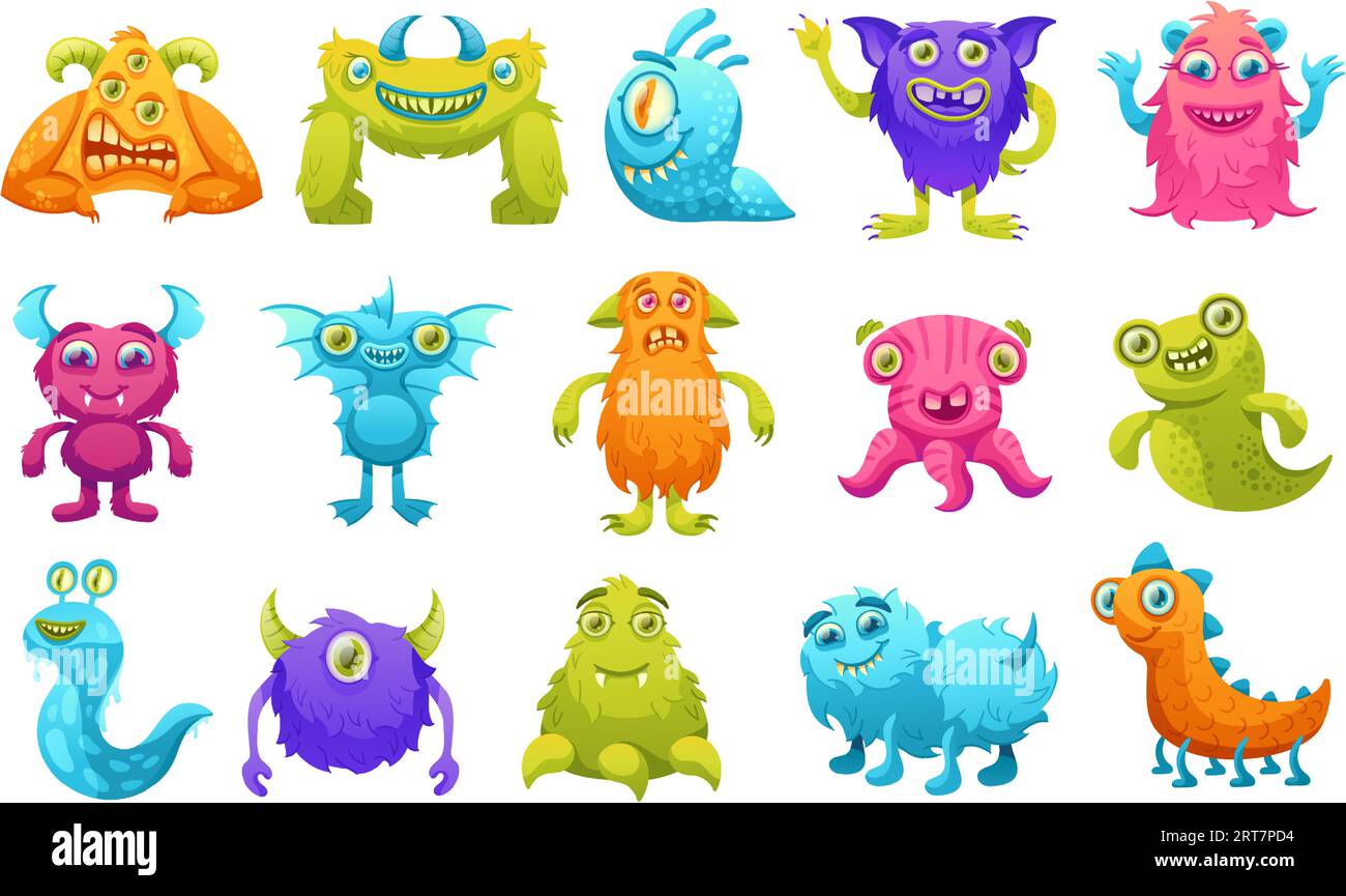 Cartoon monsters. Colorful funny creatures, furry monster and cute ...