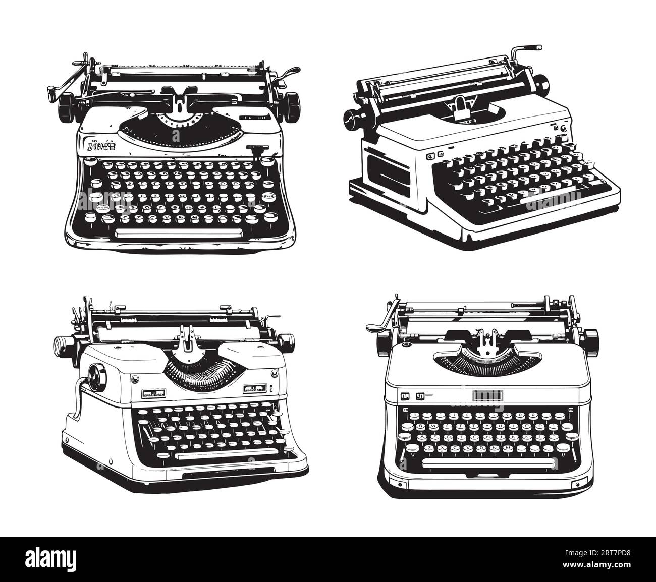 Retro typewriters set sketch drawn in hand drawn graphic style Vector ...