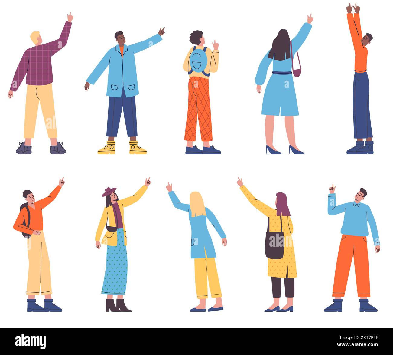 Cartoon people looking up. Flat style men and women showing upwards ...