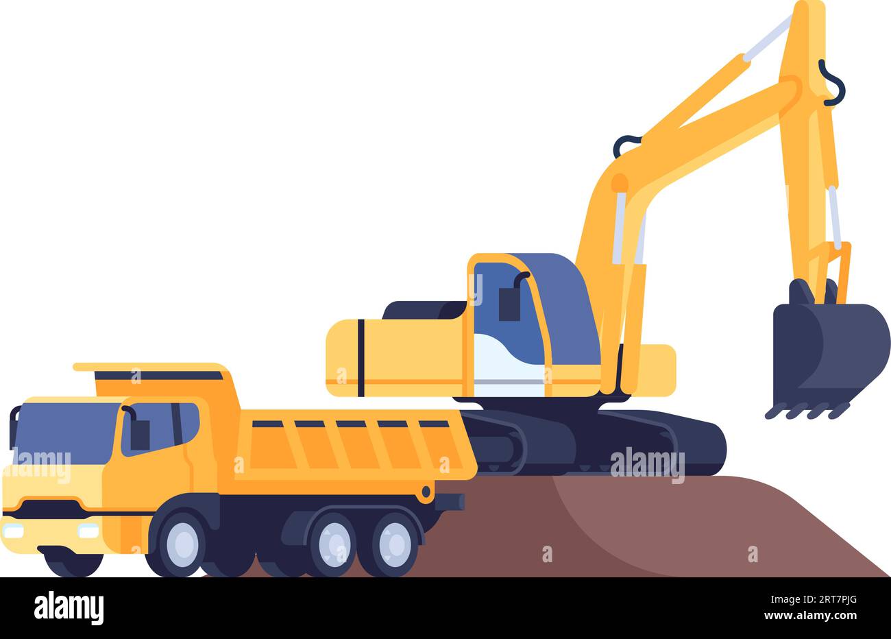 Construction process. Excavator and truck. Machinery digging ...