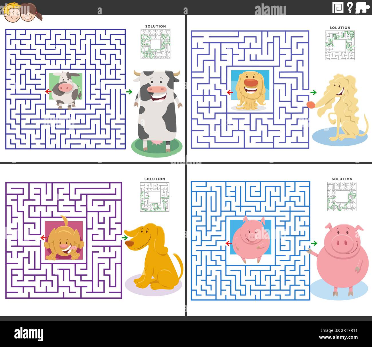 Cartoon illustration of educational maze puzzle activities set with ...
