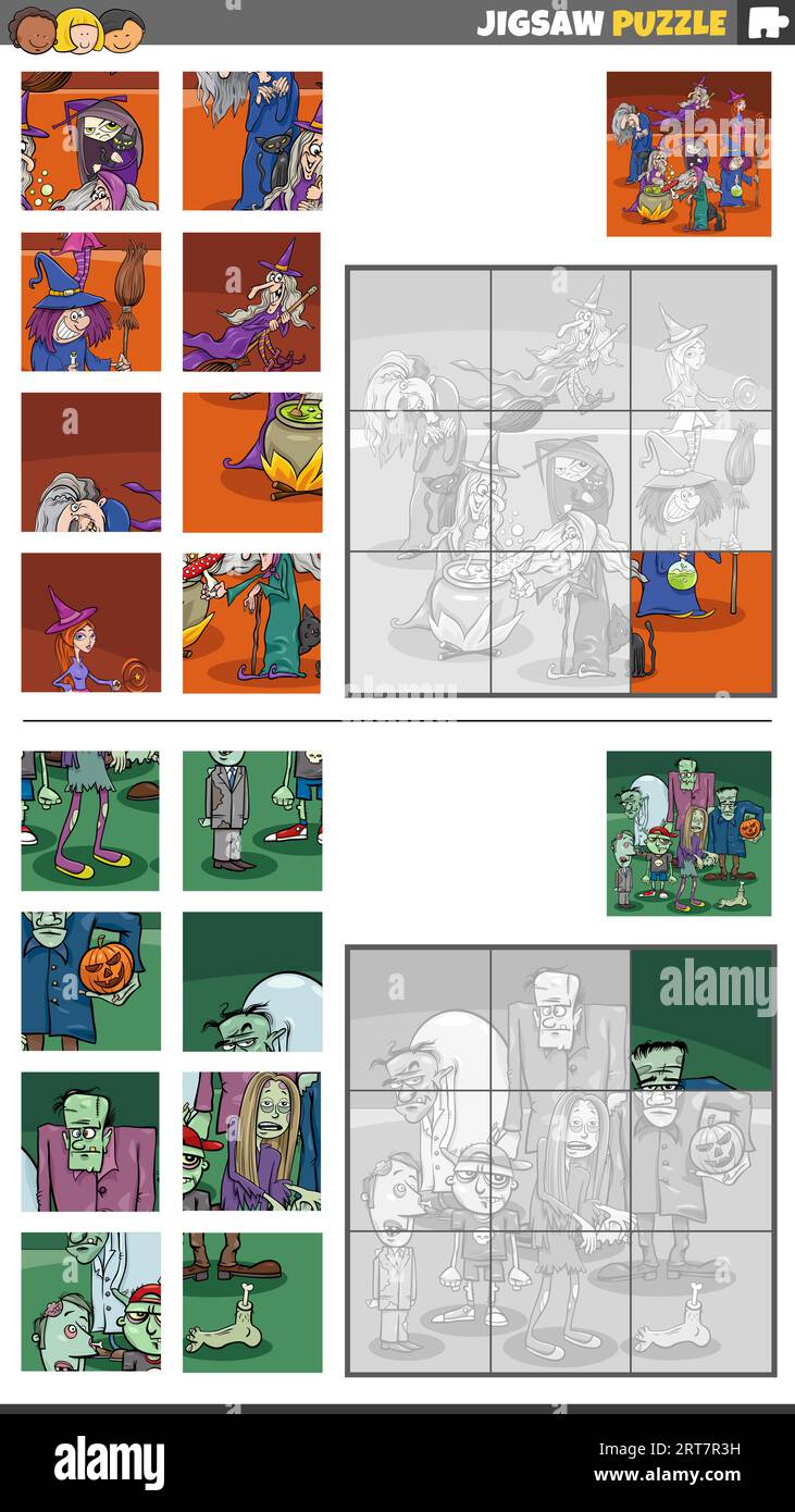 Cartoon illustration of educational jigsaw puzzle games set with ...