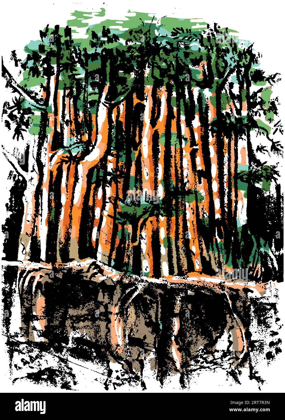 Natural landscape in graphic style, hand drawn and converted to vector ...