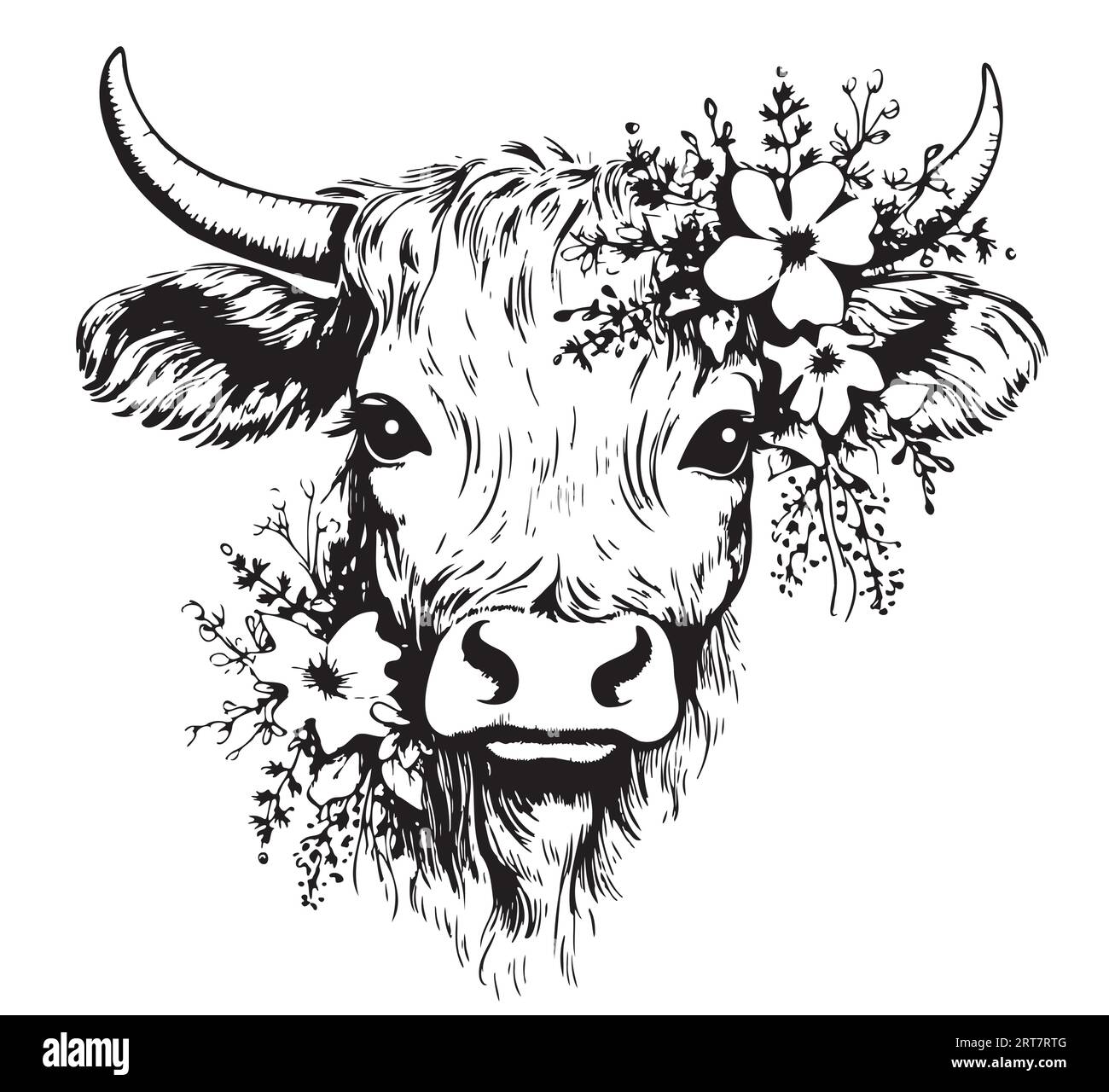 Cow and flowers animal sketch hand drawn Vector Cartoon image Farming ...