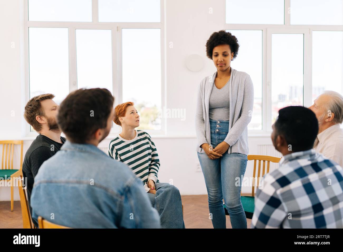 Portrait of African black female patient having breakthrough in group ...