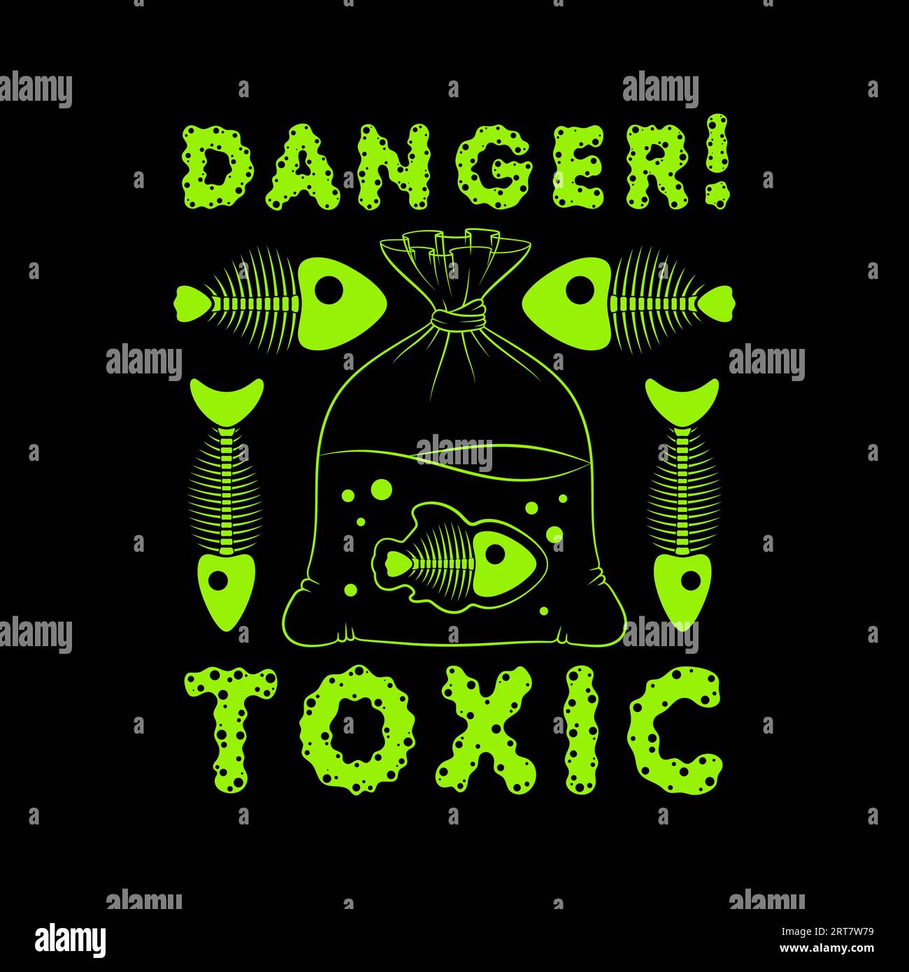 Toxic fish in bag, skeleton, warning danger. Bright vector green ...