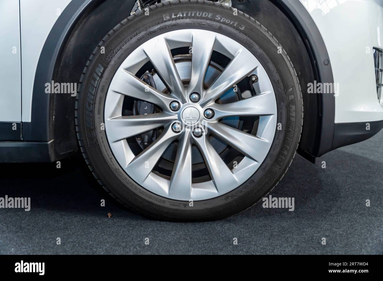 Kuala Lumpur, Malaysia - May 5, 2023: Close-up rims and tyre for Tesla ...