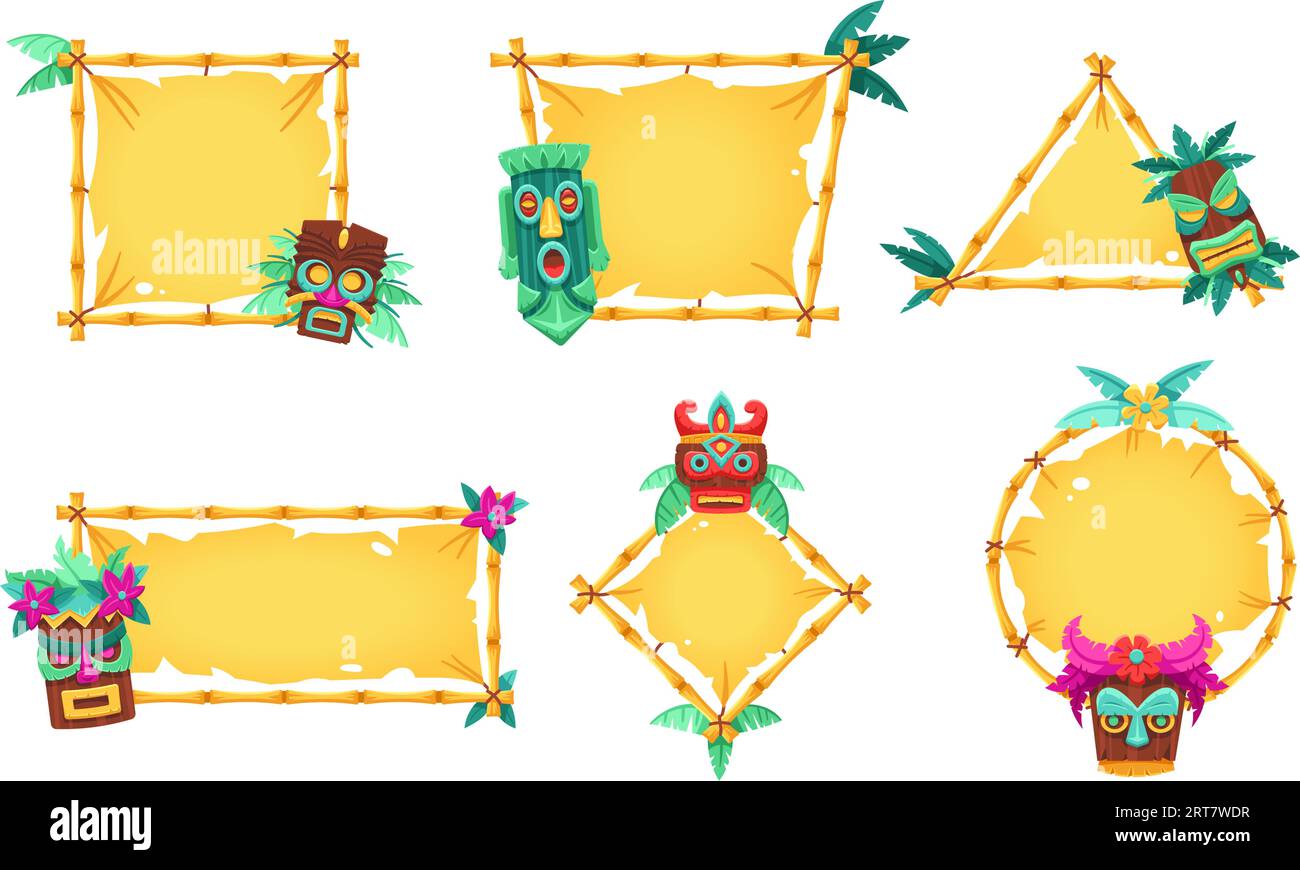 Cartoon tiki totem banner frames. Bamboo tribal borders, Hawaiian menu ...