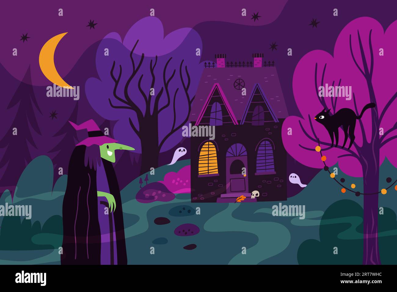 Witch house in dark forest. Mystery night home. Halloween wood. Horror ...