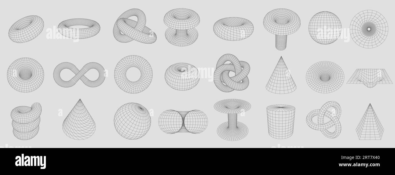 Wireframe torus shapes. Abstract 3D grid shapes, geometric mesh tunnel, vortex and donut vector ...