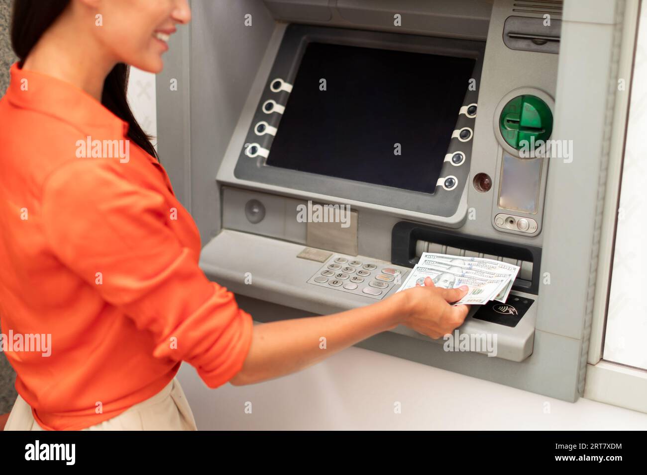 Lady Withdrawing Dollar Cash at ATM Machine Outside, Cropped Shot Stock ...