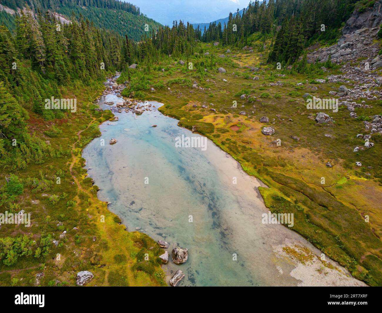 Aerial View of River in Vibrant Green Meadows in the Canadian Mountain ...