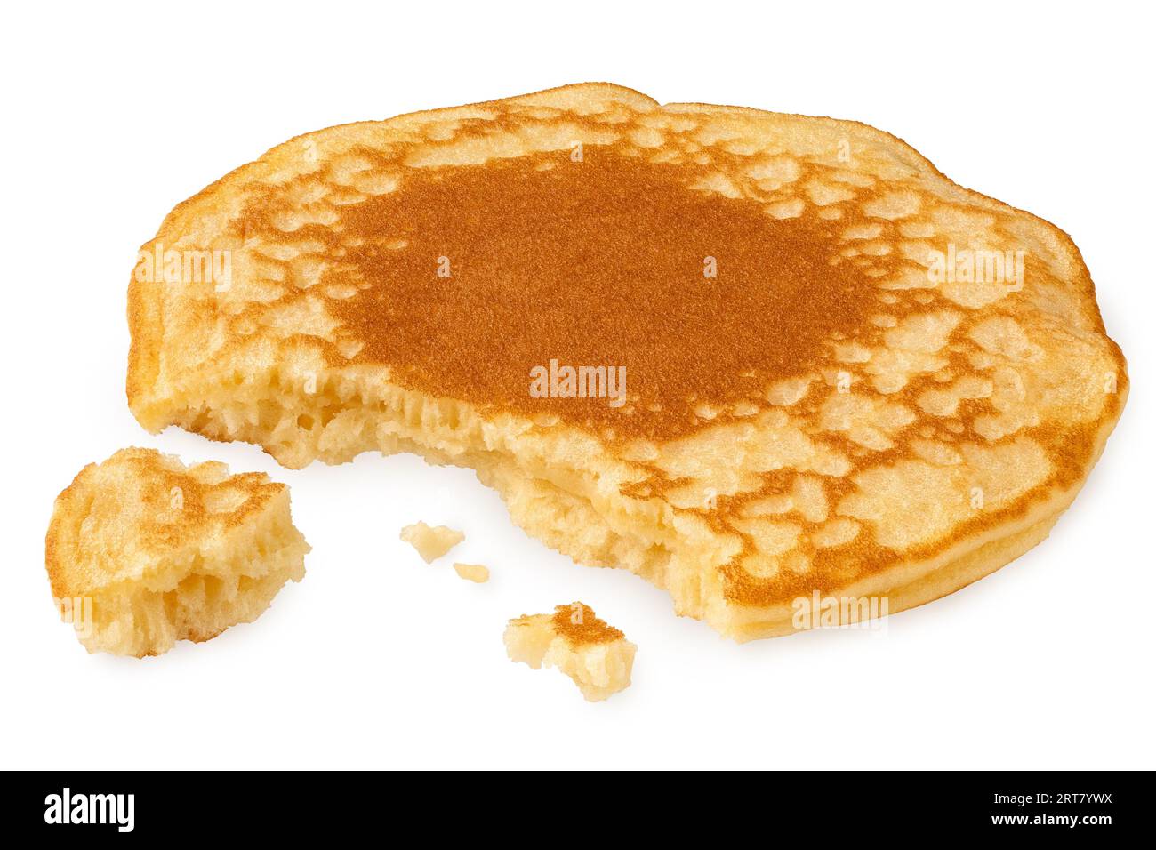Pancake isolated on white. Partially eaten with crumbs. No topping ...