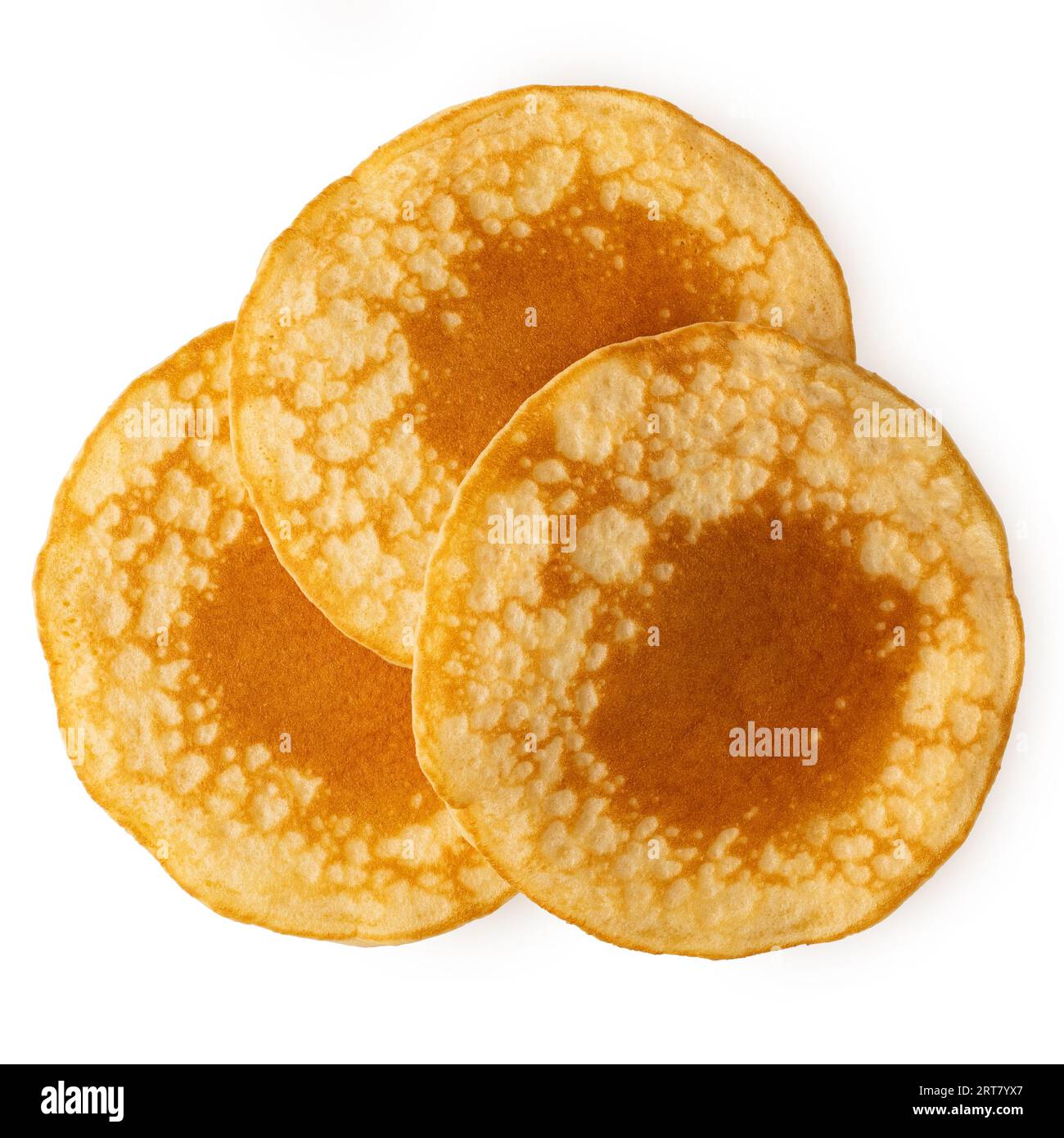 Three pancakes isolated on white. No topping. Top view Stock Photo - Alamy