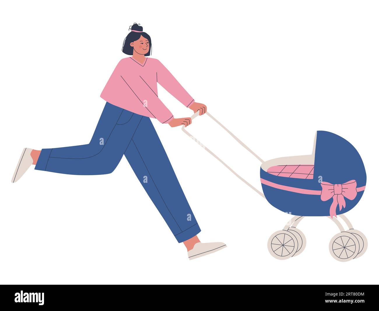 Cute young woman walks with a baby stroller. Happy young mother walks ...