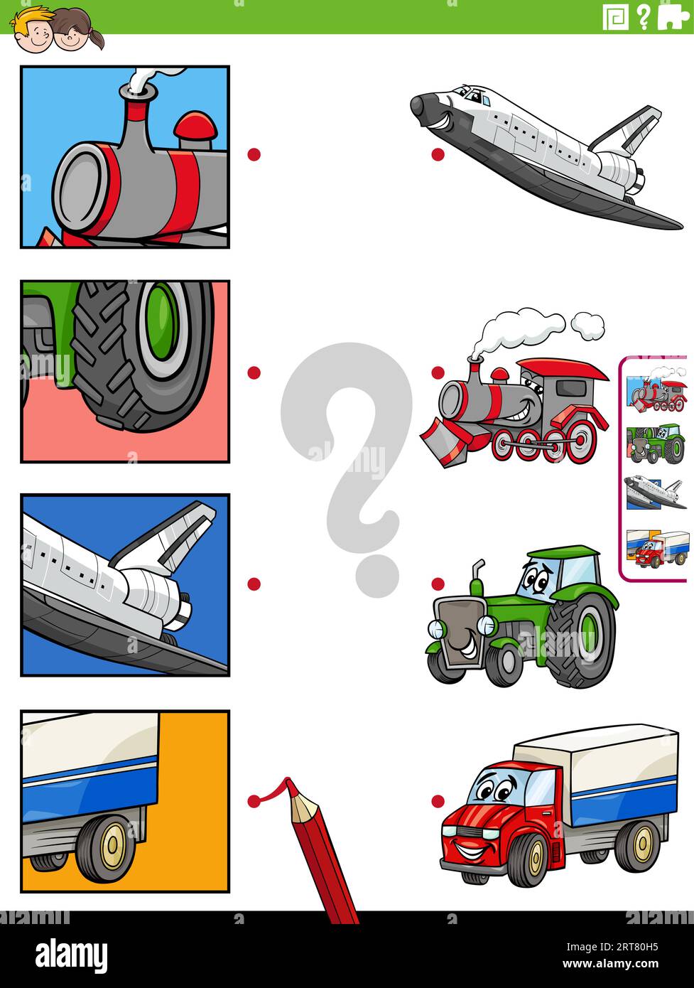 Cartoon illustration of educational matching game with transportation ...