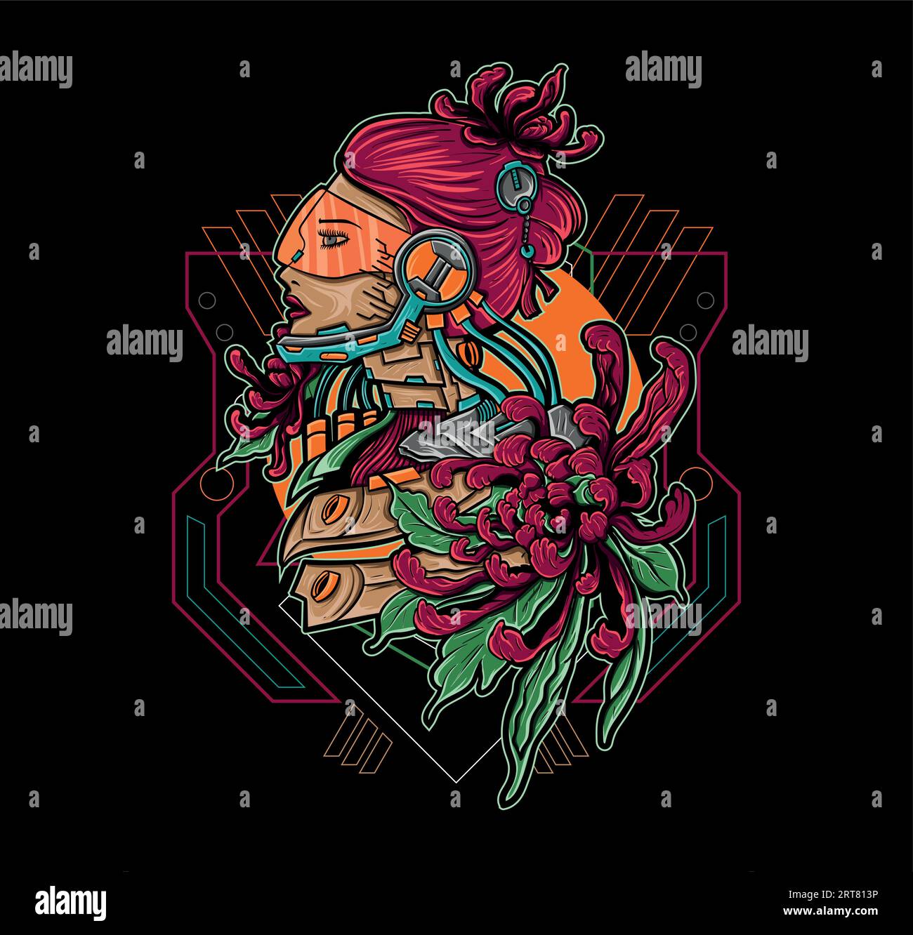 Stunning Mecha Girl: A Floral Touch Hand-drawn Illustration Vector that ...