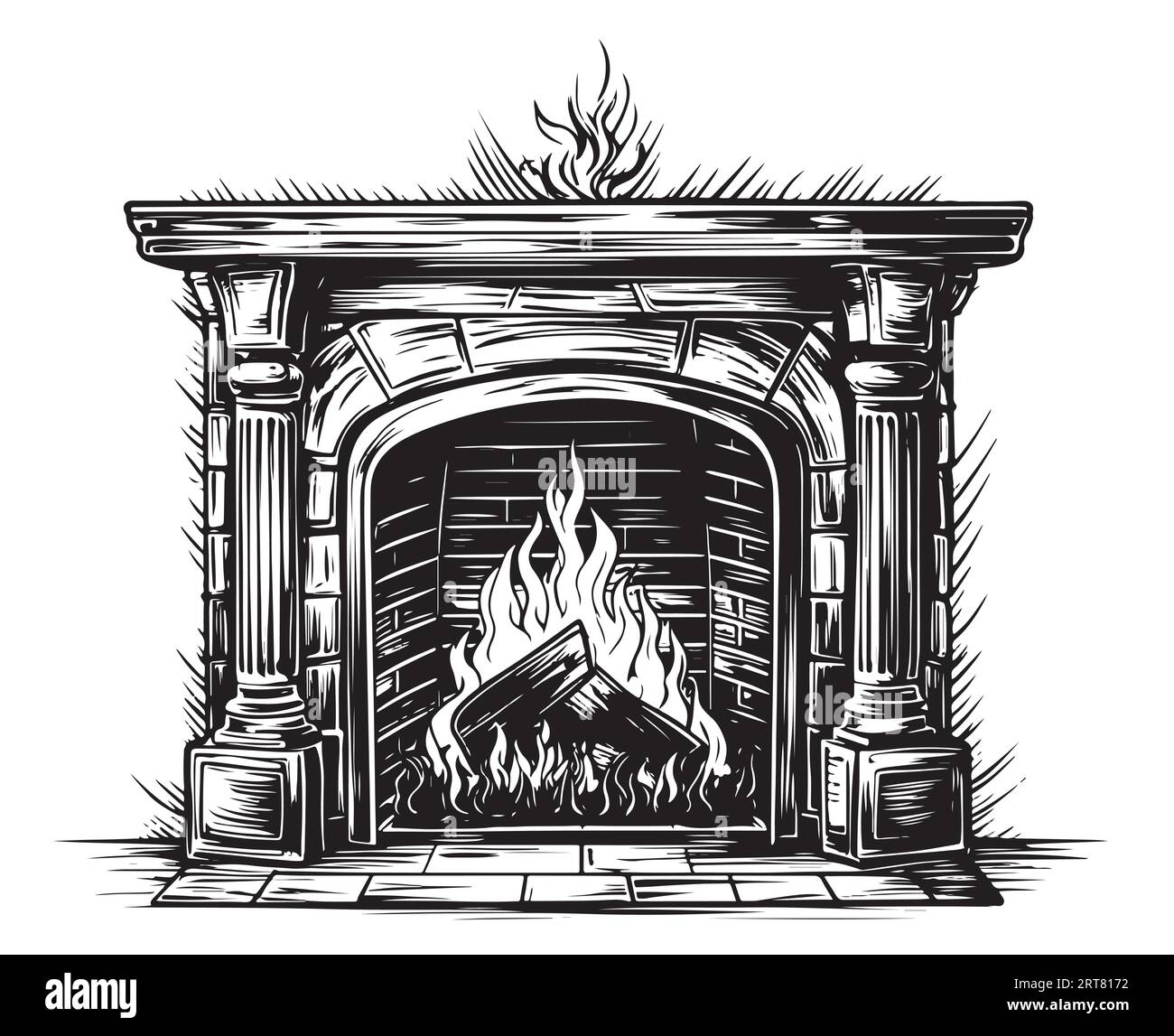 Fireplace vintage set sketch drawn in hand graphic style Vector Stock ...