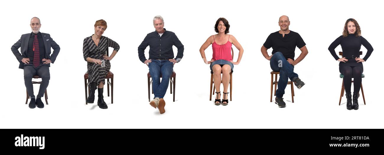 group of people sitting on chair with arms akimbo on white background ...