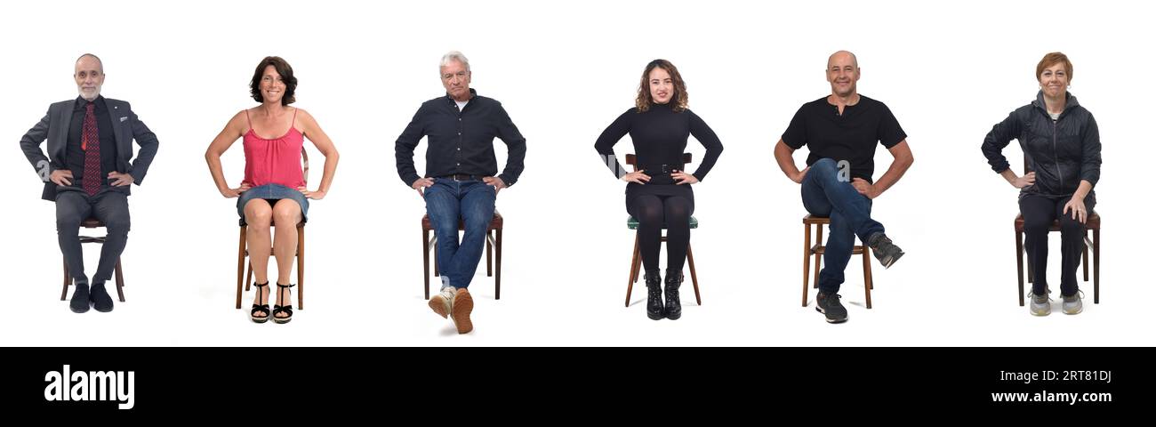 group of people sitting on chair with arms akimbo on white background ...