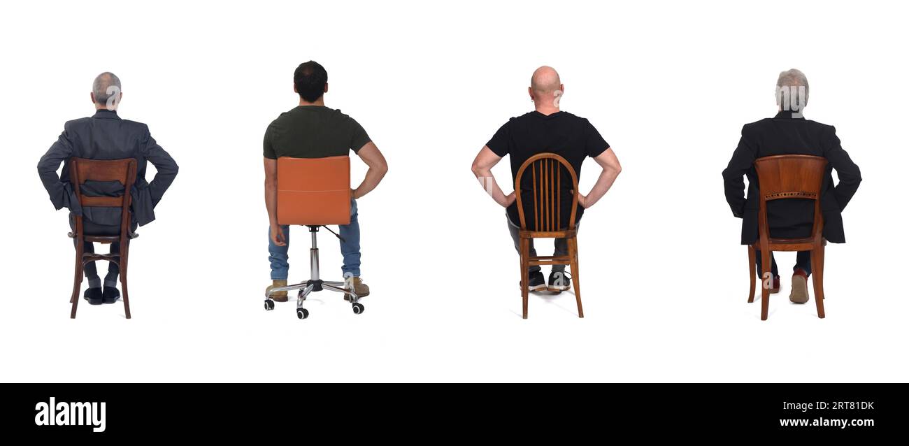 group of man sitting on chair with arms akimbo on white background ...
