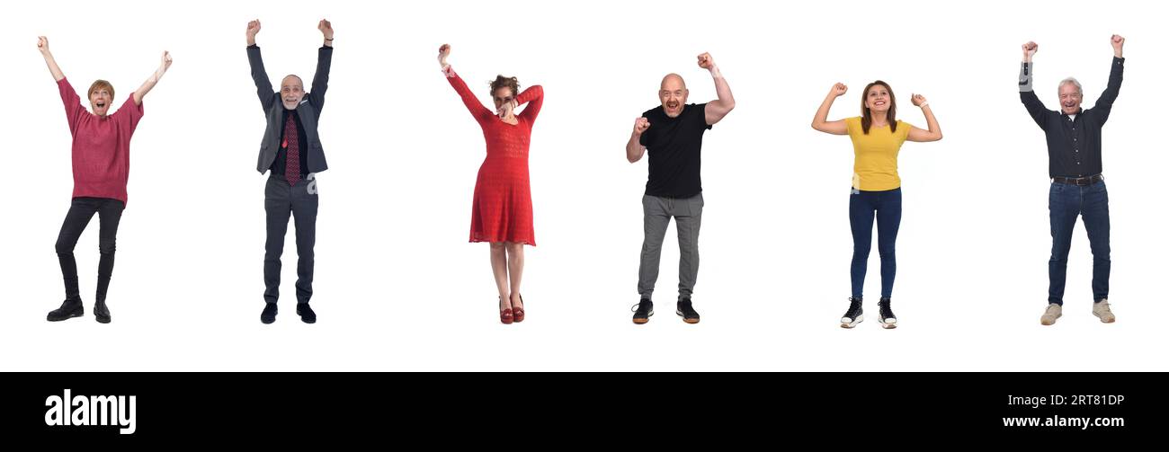 people with arms raised on white background Stock Photo - Alamy