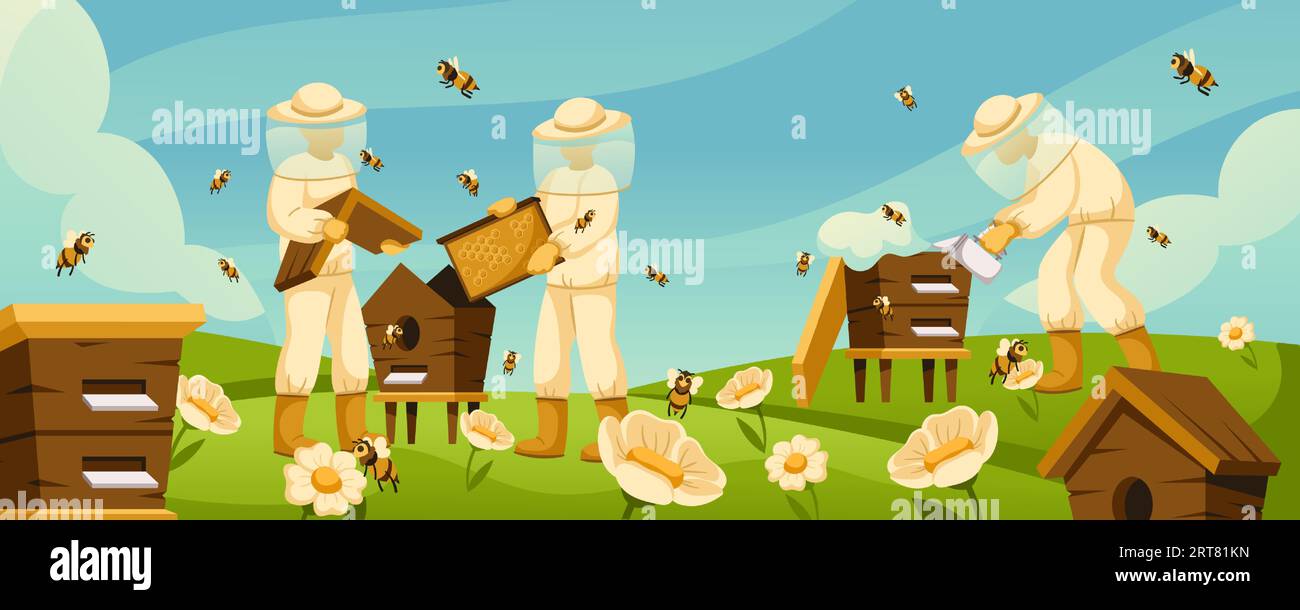 Cartoon beekeepers at apiary. Honey bees flying around beehives in ...