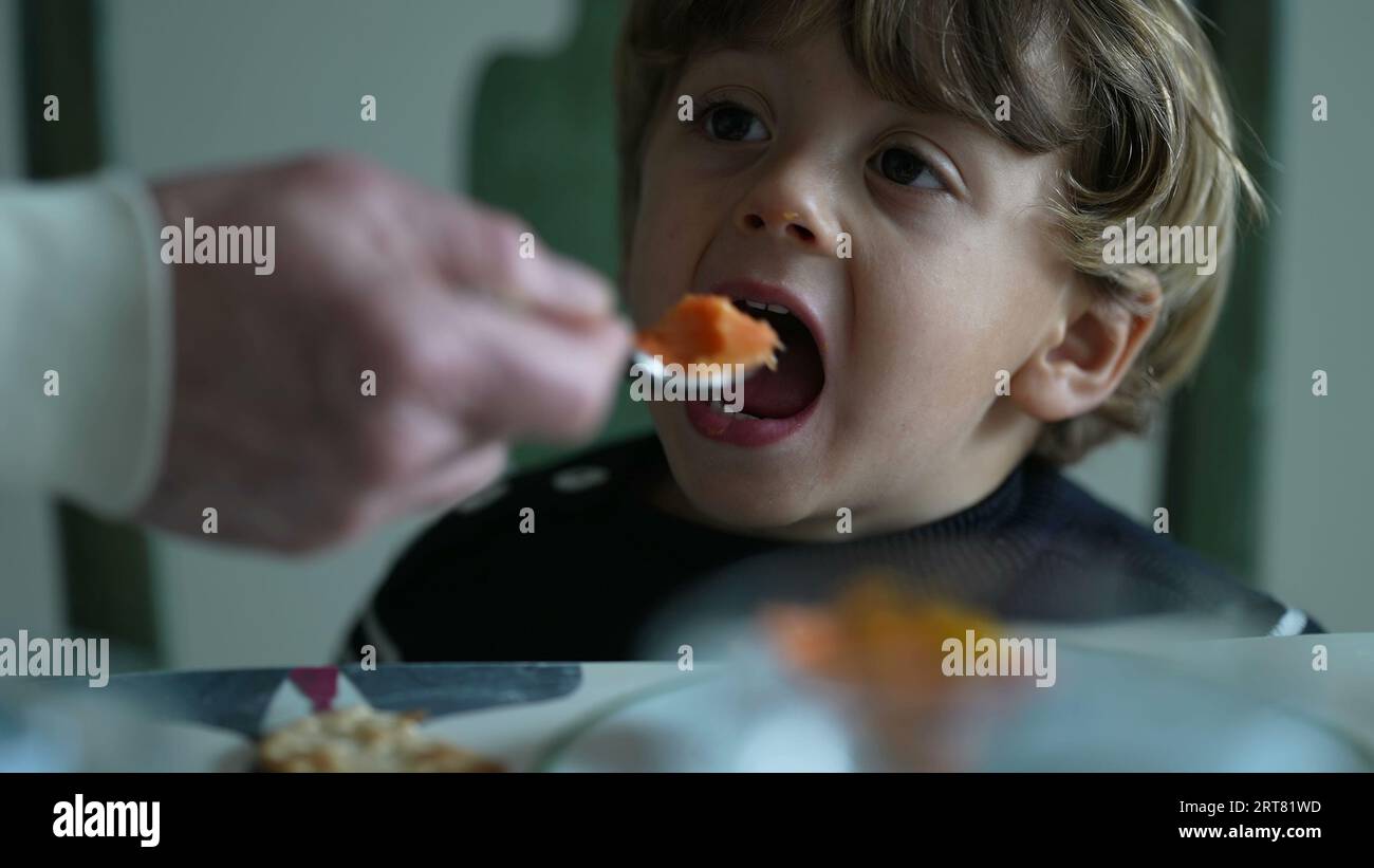 Hand feeding food to small boy, close-up face of a caucasian male child ...
