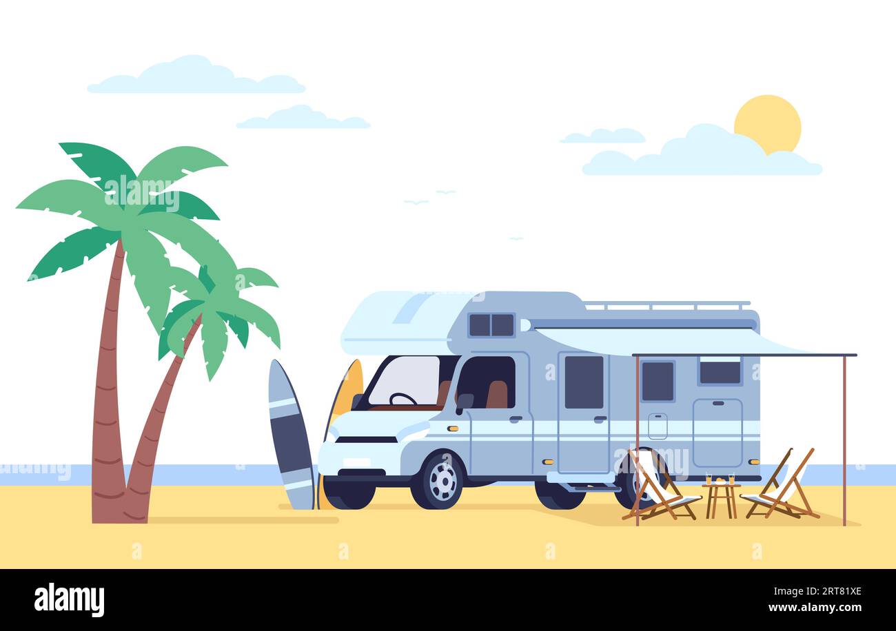 Motorhome stands on beach next to palms and surfboards. Caravan camper ...