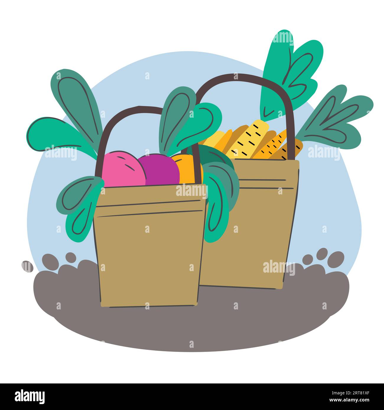 Harvest, bucket with vegetables. Agricultural autumn work. Flat ...