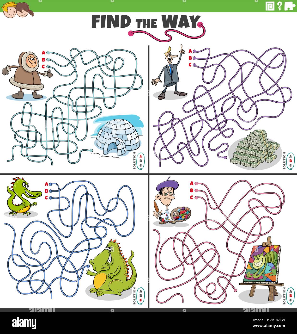 Cartoon illustration of find the way maze puzzle games set with people ...