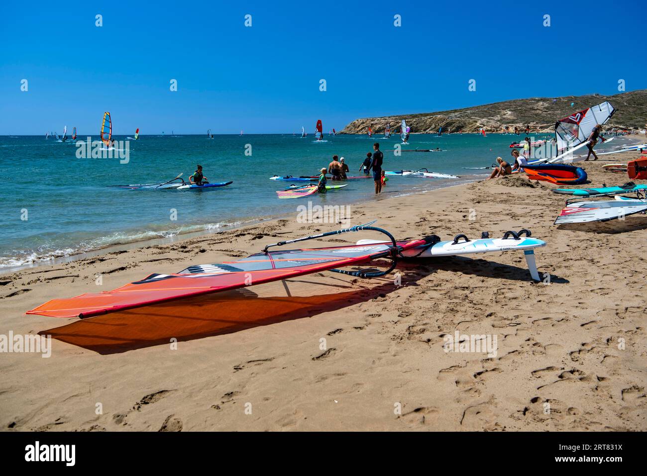 Surfers on Prasonisi Beach, Beach, Rhodes, Dodecanese, Greece Stock ...