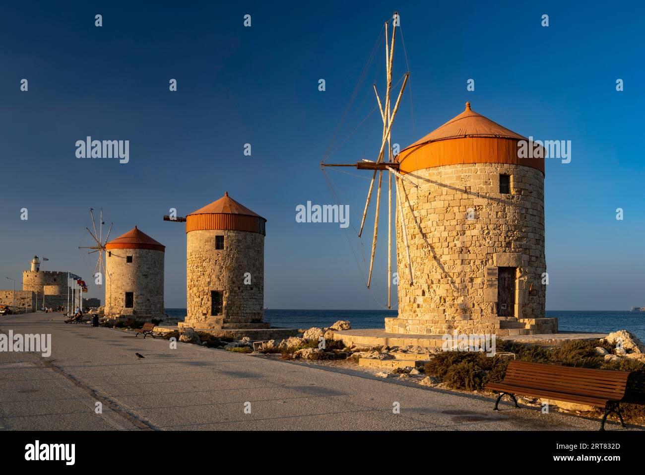 View of Rhodes Windmills at sunset, Old Rhodes Town, Rhodes, Dodecanese ...