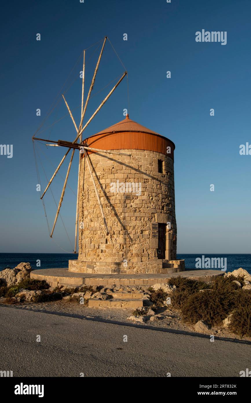 View of Rhodes Windmills at sunset, Old Rhodes Town, Rhodes, Dodecanese ...