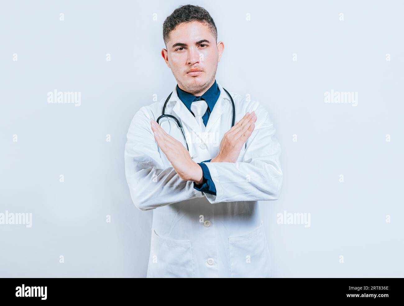 Doctor crossing hands in denial gesture isolated. Young doctor making ...
