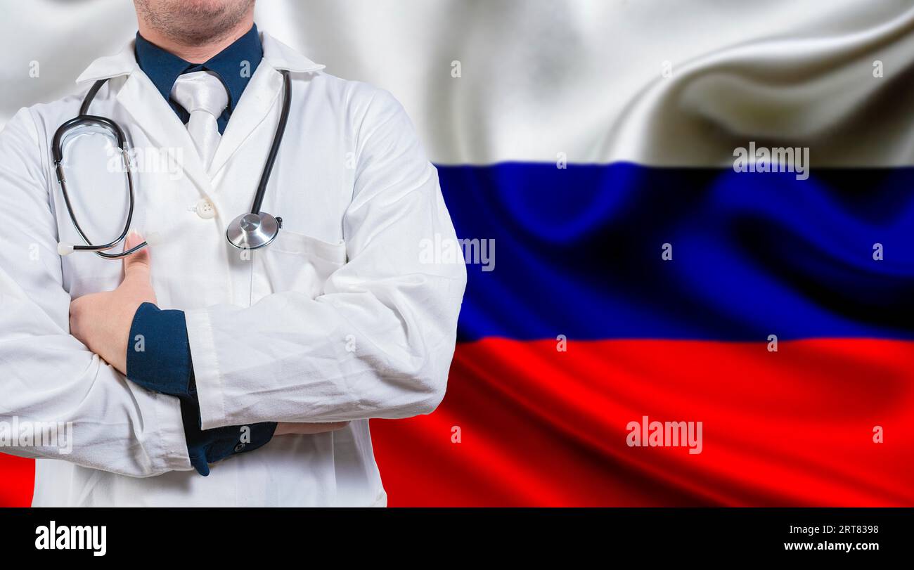 Doctor with stethoscope on flag of Russia. Doctor with crossed arms on ...