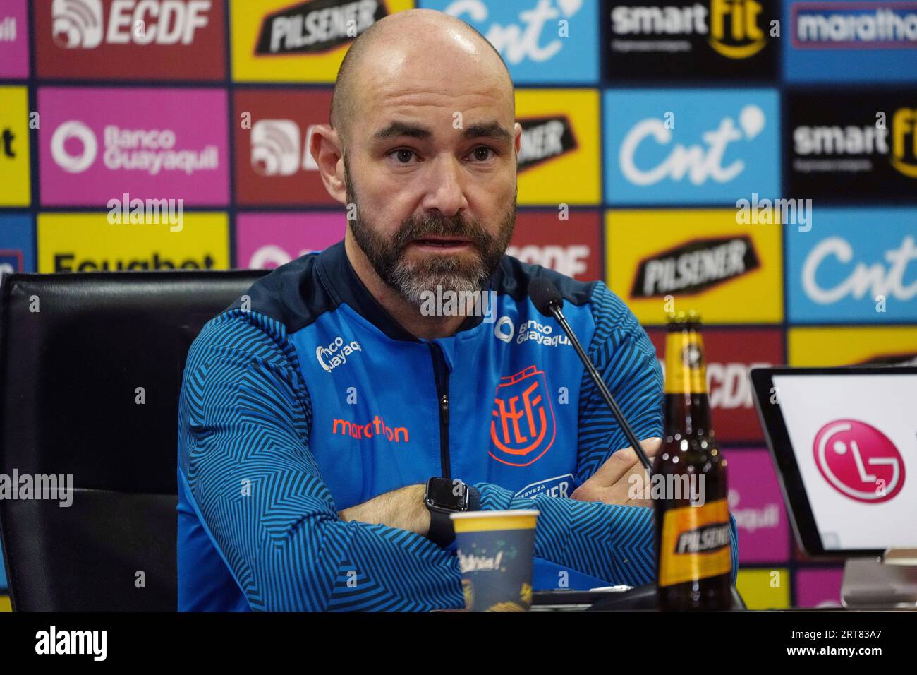 Ecuador's national soccer team coach Felix Sanchez gives a press ...