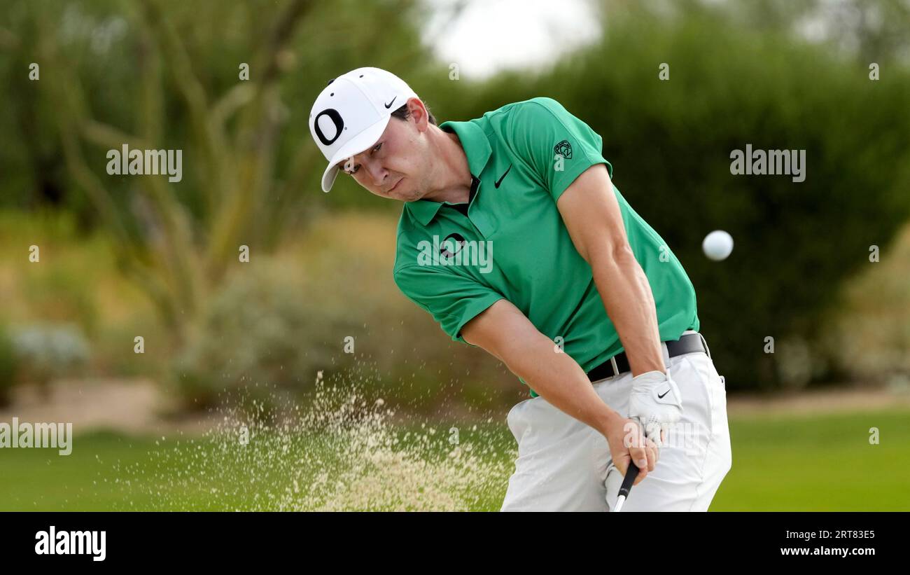 Oregon golfer Matthew Watkins hits on the fourth hole during an NCAA ...