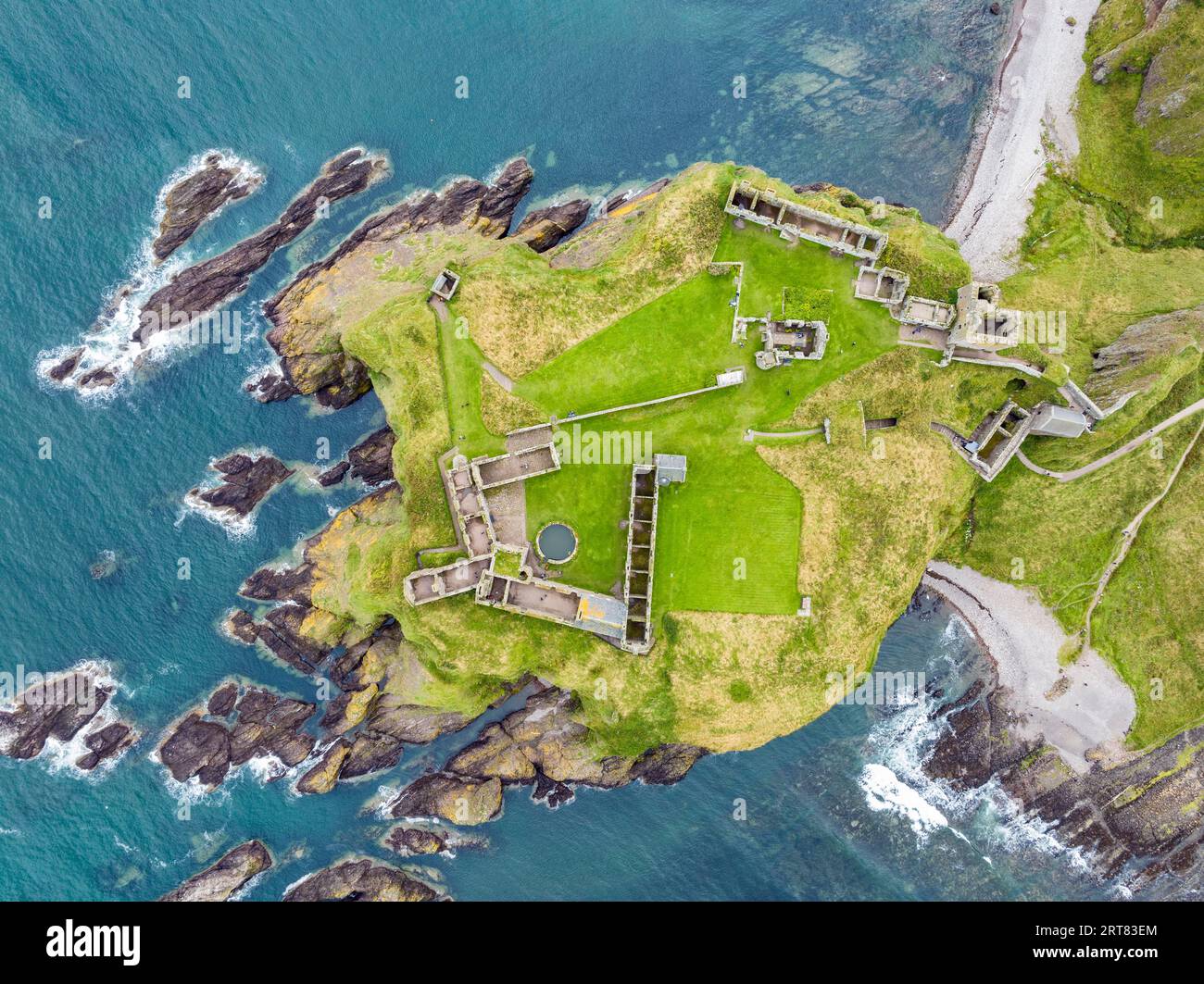 Aerial view of Dunnottar Castle ruins on the North Sea coast ...