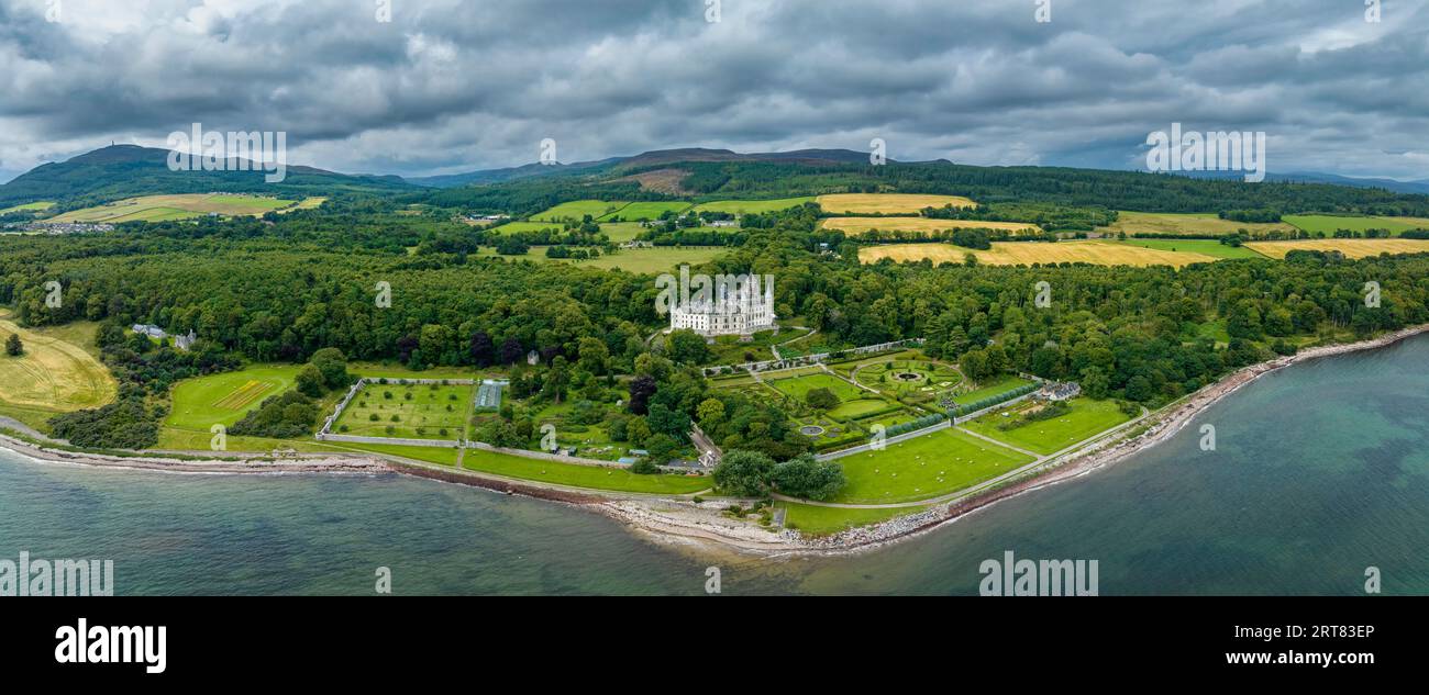 Aerial panorama of Dunrobin Castle, Golspie, Sutherland, Highlands ...