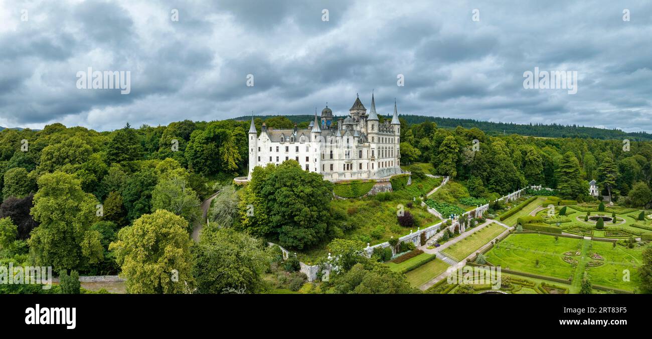 Aerial panorama of Dunrobin Castle, Golspie, Sutherland, Highlands ...