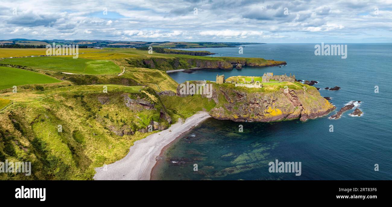 Aerial panorama of Dunnottar Castle ruins on the North Sea coast ...