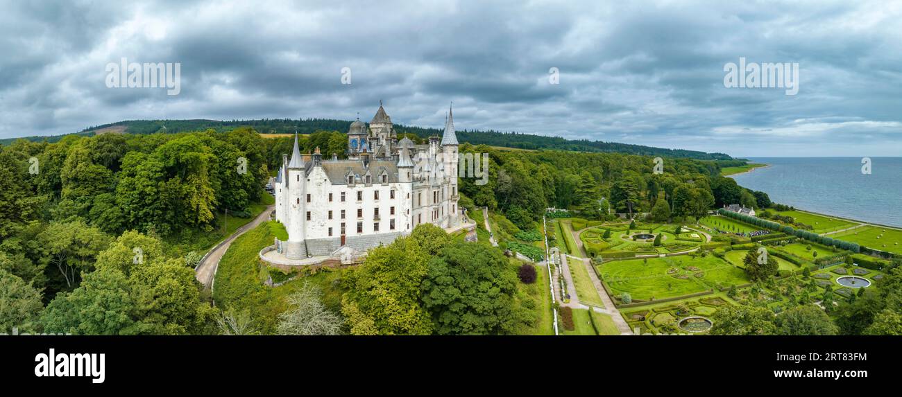 Aerial panorama of Dunrobin Castle, Golspie, Sutherland, Highlands ...