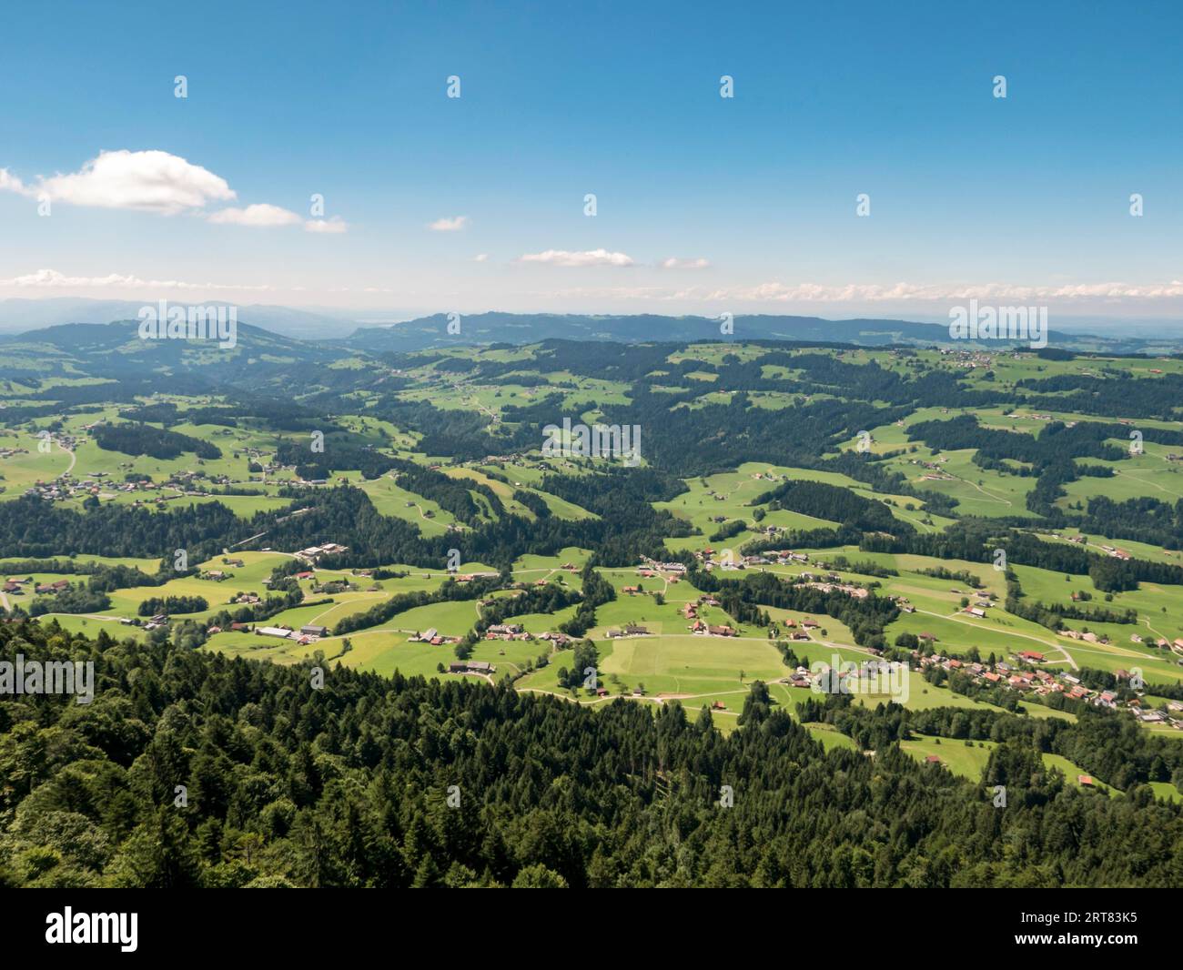 Landscape with meadows, mountains and forests in Bregenzerwald, Austria ...