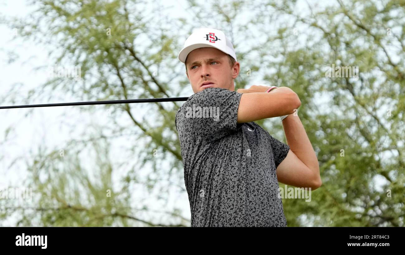 San Diego State golfer Justin Hastings hits on the fifth hole during an ...